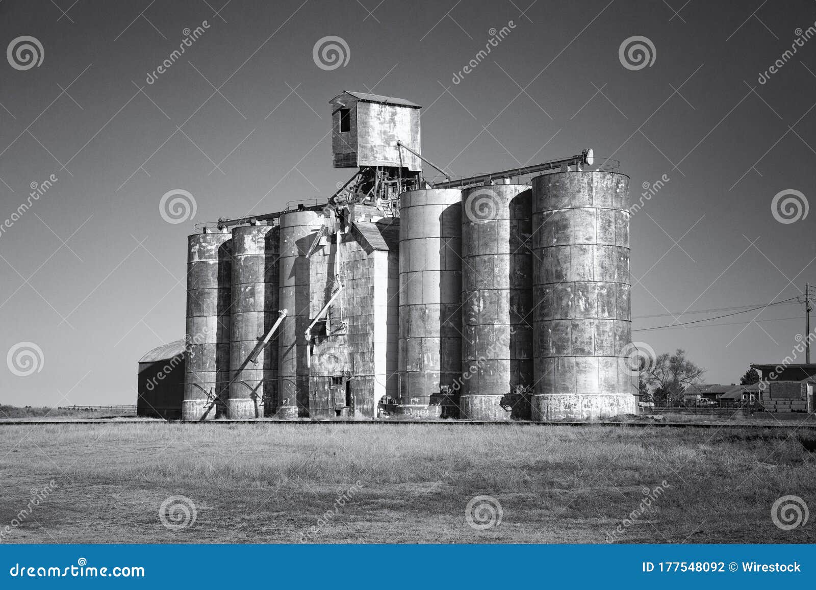 Greyscale Shot of the Grain Elevators in the Farmlands in the USA Stock ...