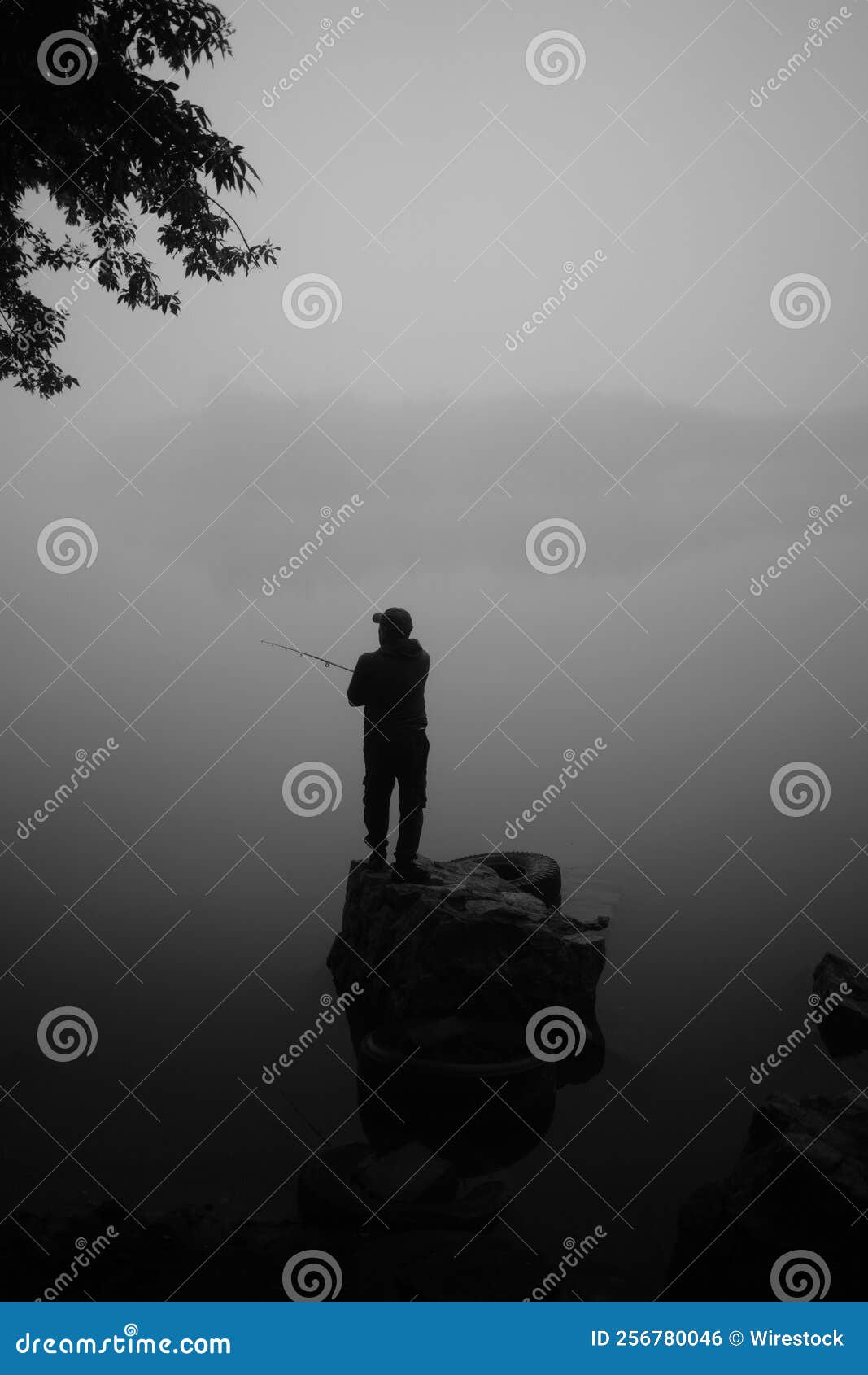 Greyscale Shot of Man Standing on a Rock in the Middle of the Lake ...