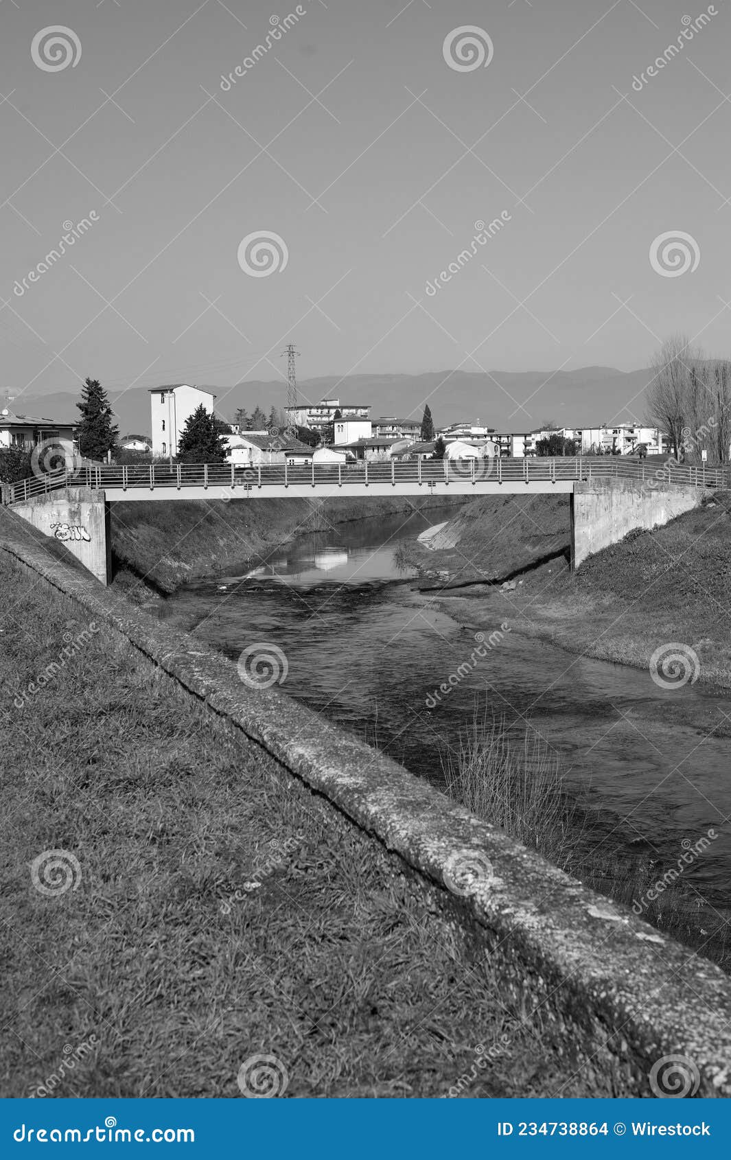 Greyscale Shot of the River and the Bridge Stock Photo - Image of ...