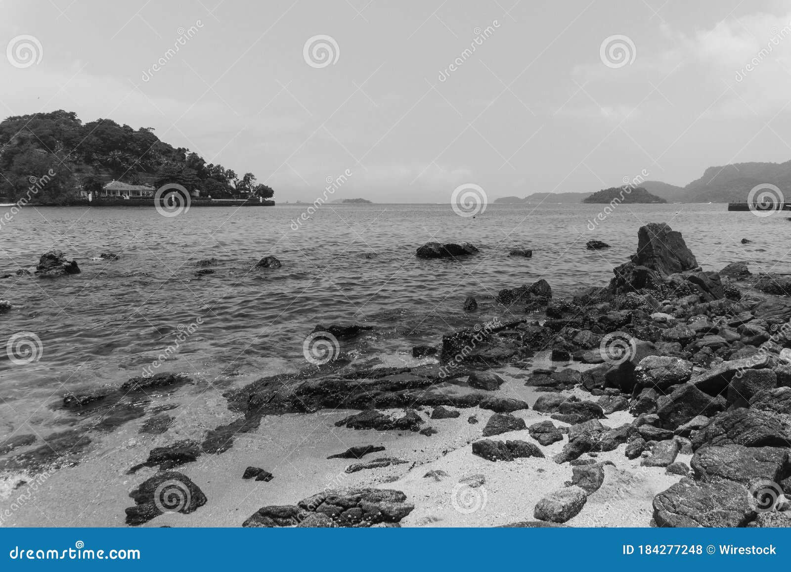 Greyscale Shot of the Rocks in the Beach Stock Photo - Image of ...