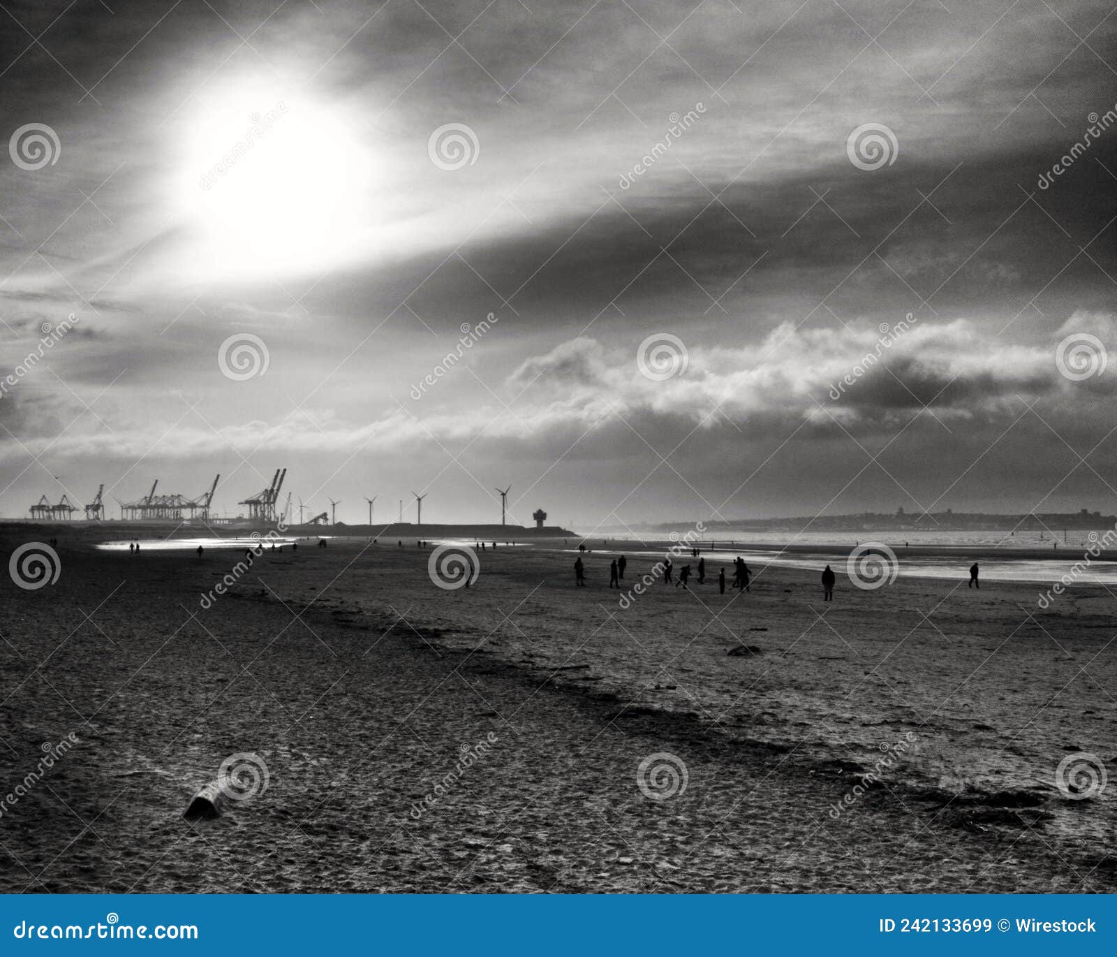 Greyscale View of a Sandy Beach with Tourists Stock Image - Image of ...