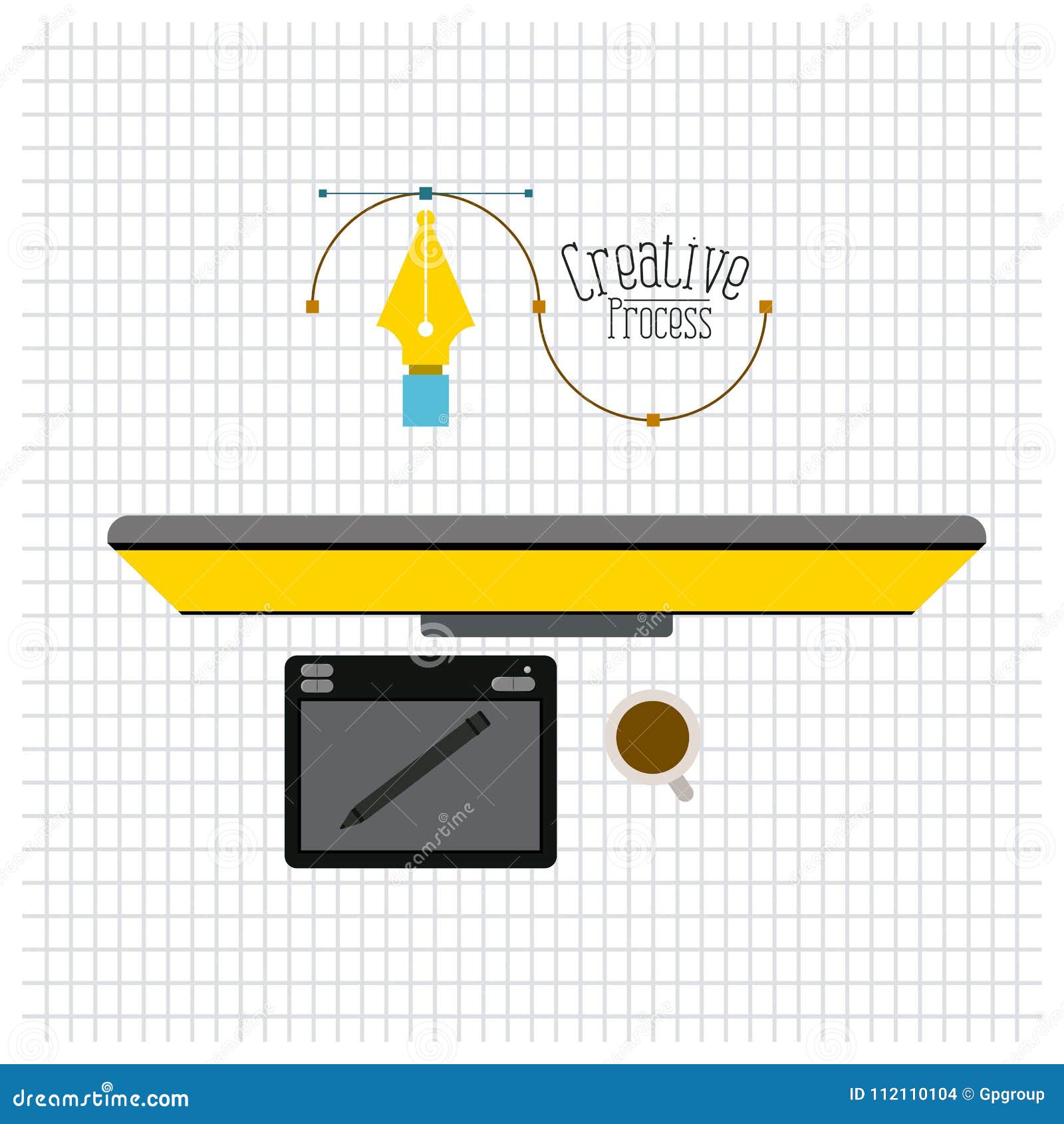 Grid Background with Top View Desktop Computer and Designers Graphic ...