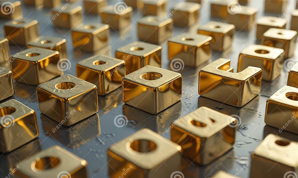 Grid Golden Cubes with Holes Arranged in Repeating Pattern, Creating ...