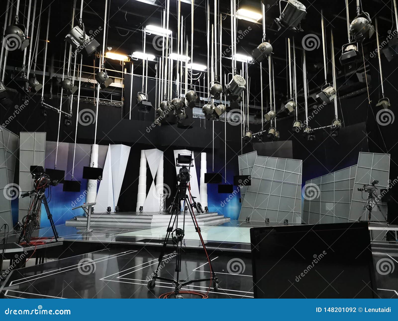 The Grid of Lights and Camcorders in a Television Studio Stock Photo ...