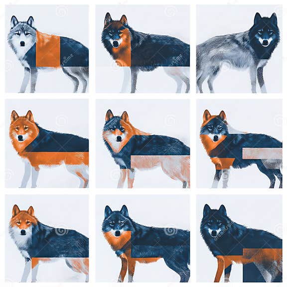 Nine Wolves in Various Poses with Artistic Overlay Patterns Stock ...