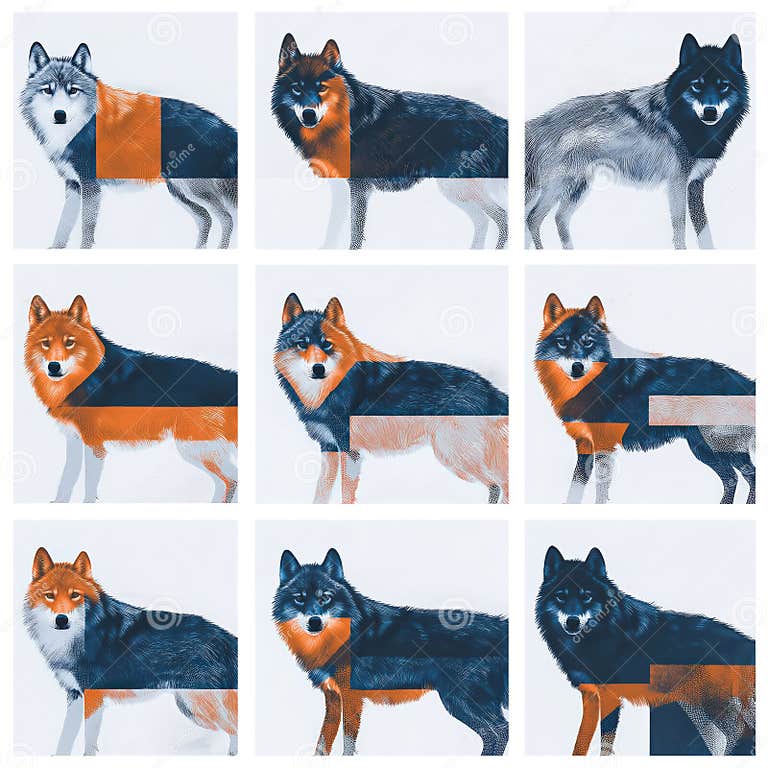 Nine Wolves in Various Poses with Artistic Overlay Patterns Stock ...