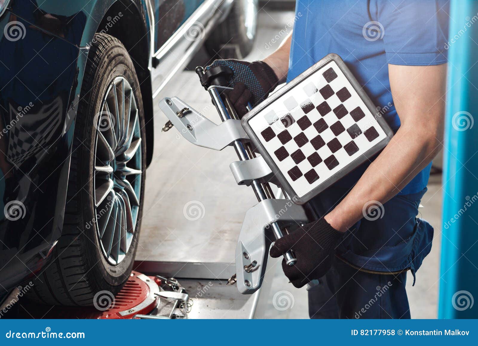 Grid Sensor Sets Mechanic On Auto. Car Stand With Sensors Wheels For ...