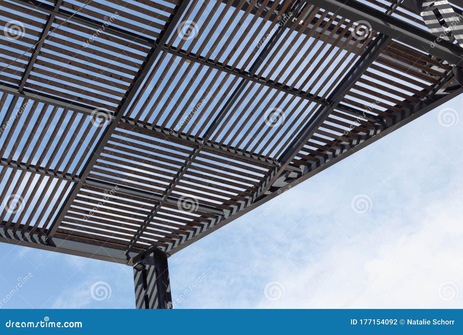 Gridded Architectural Shade Structure of Wood Slats on a Metal Frame ...