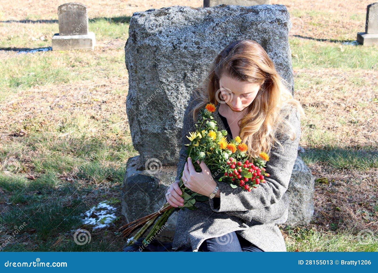 Grieving Woman Sitting at Gravestone Stock Image - Image of loved ...