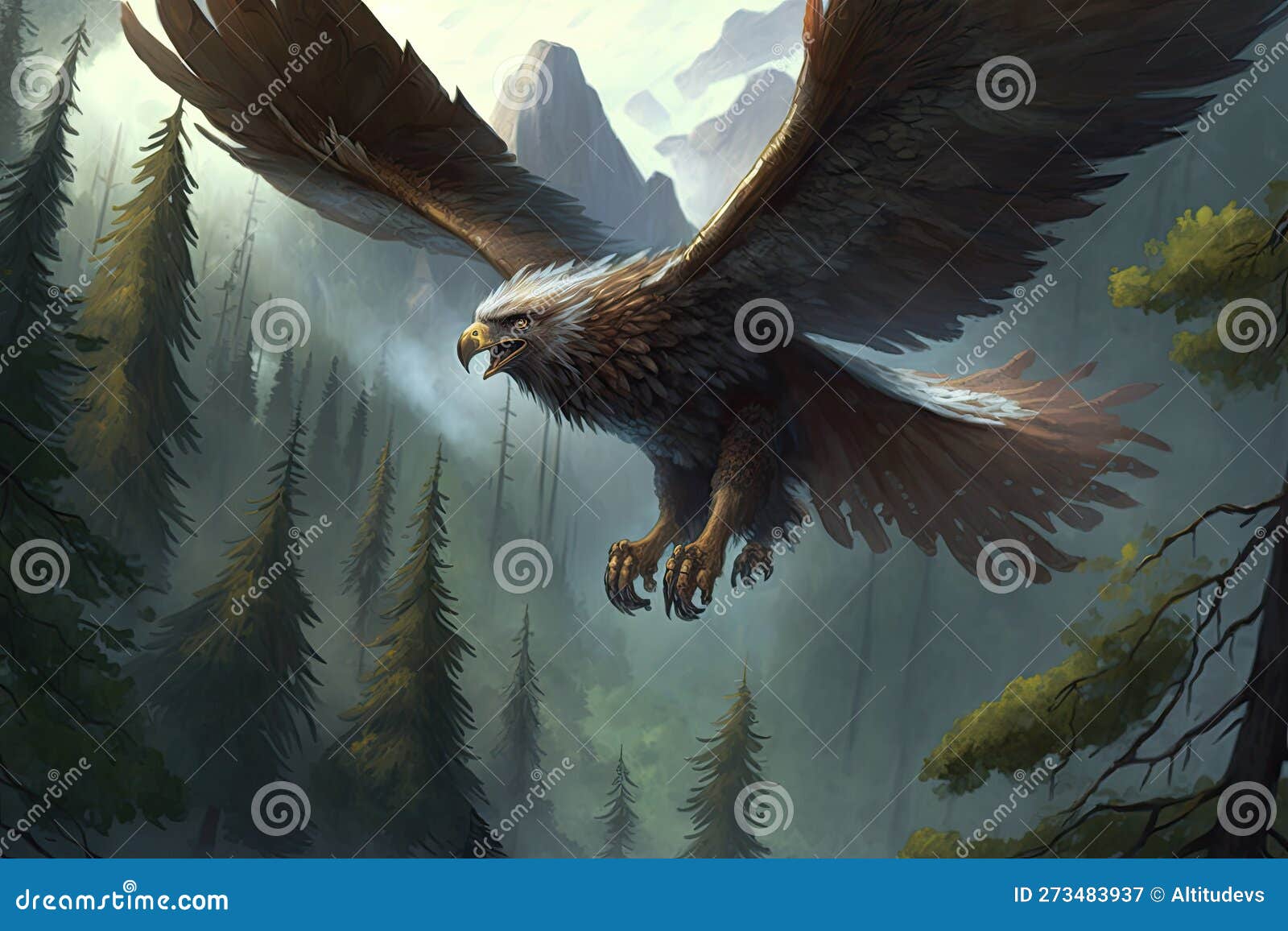 Griffin Flying Above Forest, with View of the Trees Below Stock ...