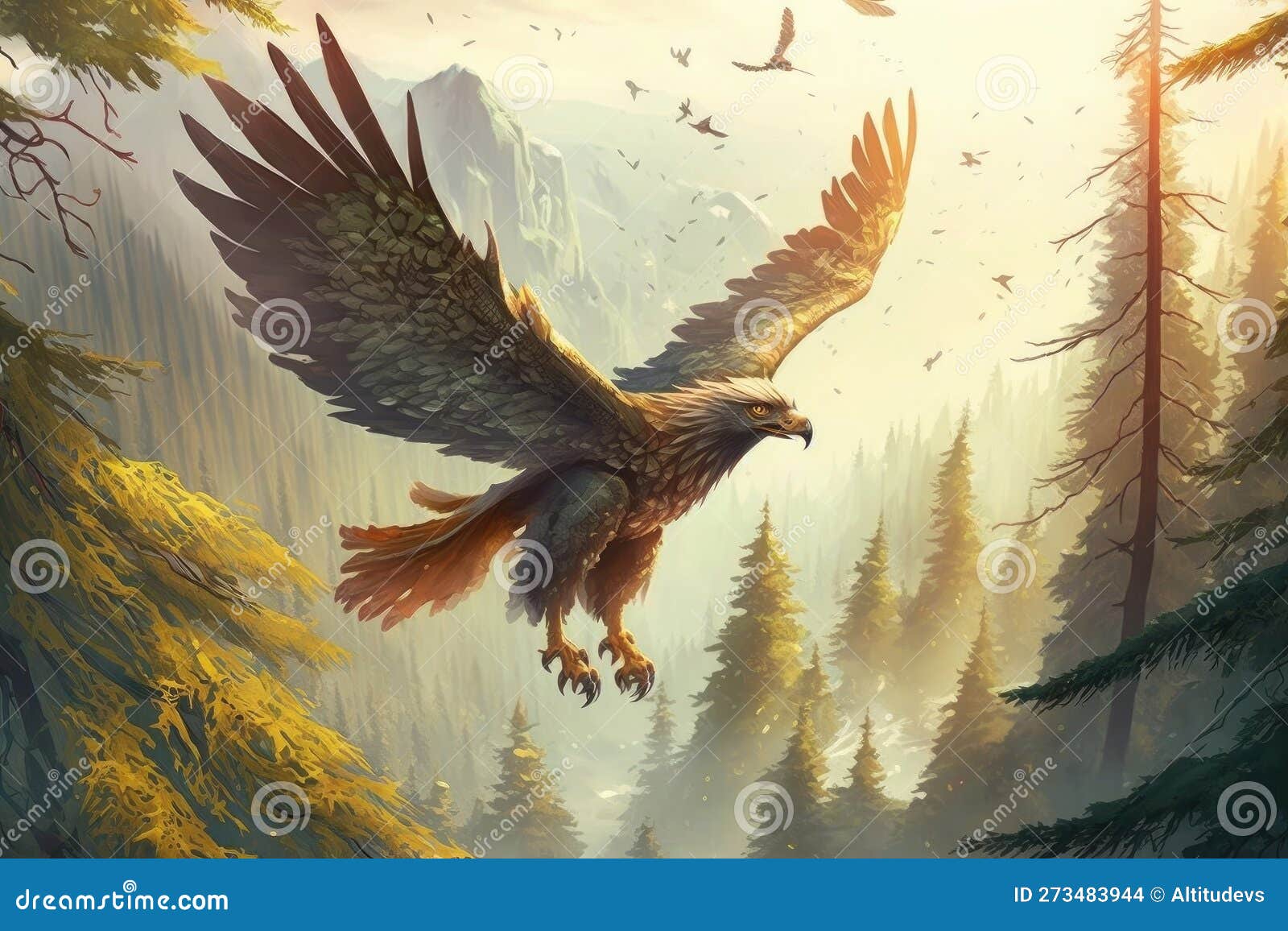 Griffin Flying Above Forest, with View of the Trees Below Stock ...