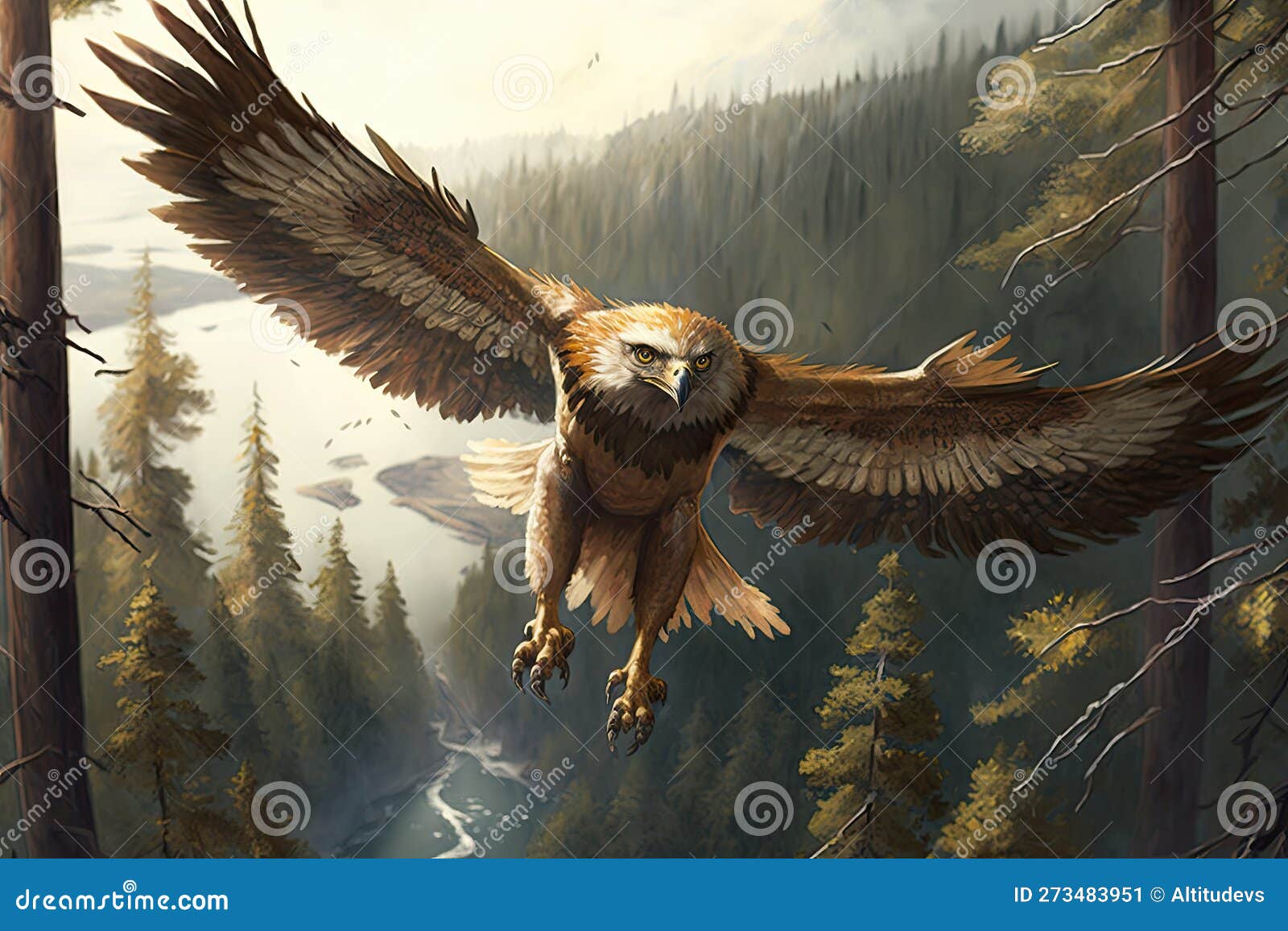 Griffin Flying Above Forest, with View of the Trees Below Stock ...