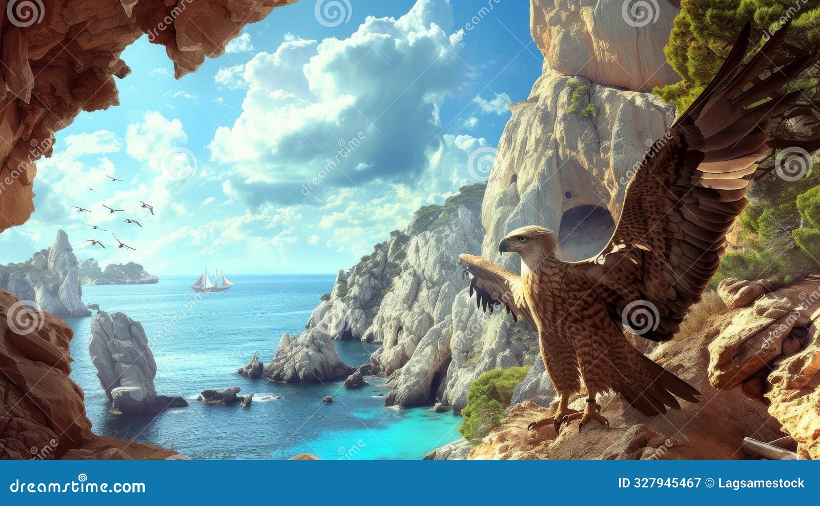 A Griffin Guarding a Treasure in a Cliffside Cave Overlooking the ...
