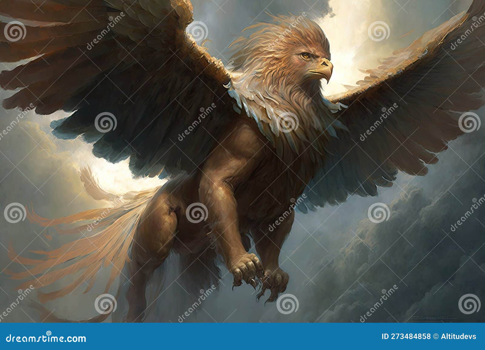 Griffin Soaring through the Clouds, Wings Spread Wide Stock ...