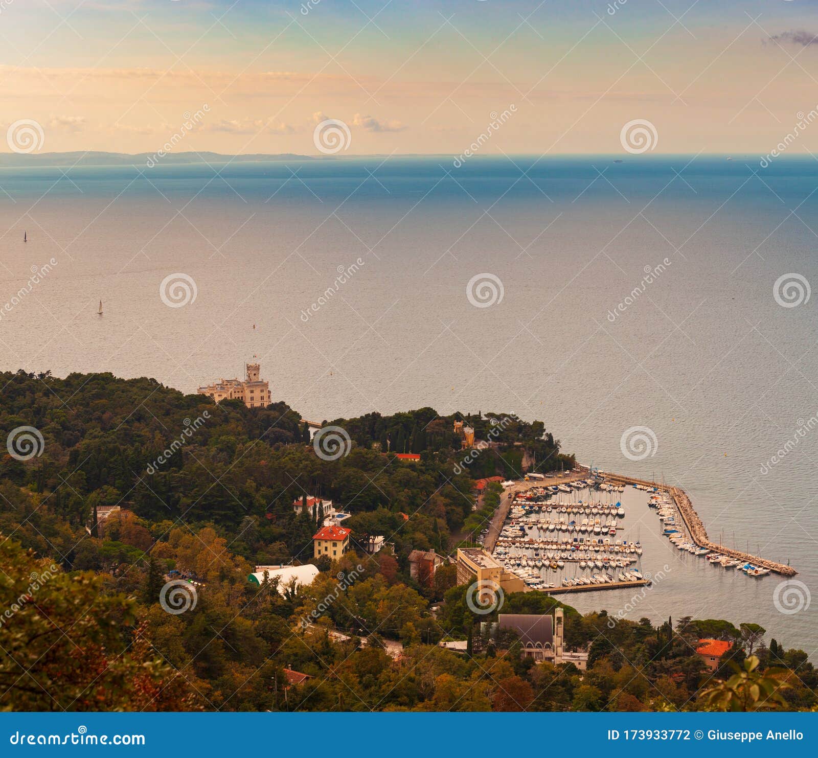 Grignano Dock and Miramare Castle Stock Photo - Image of docking ...