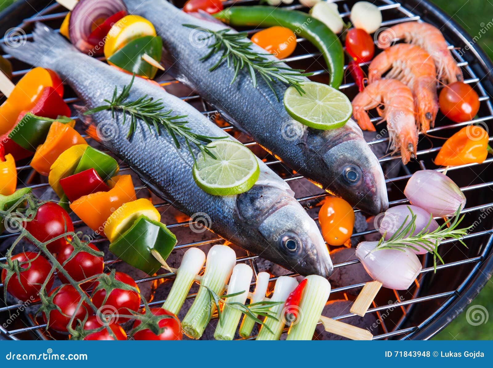 Gril De Barbecue Avec Des Poissons De Mer Photo stock - Image du herbe ...