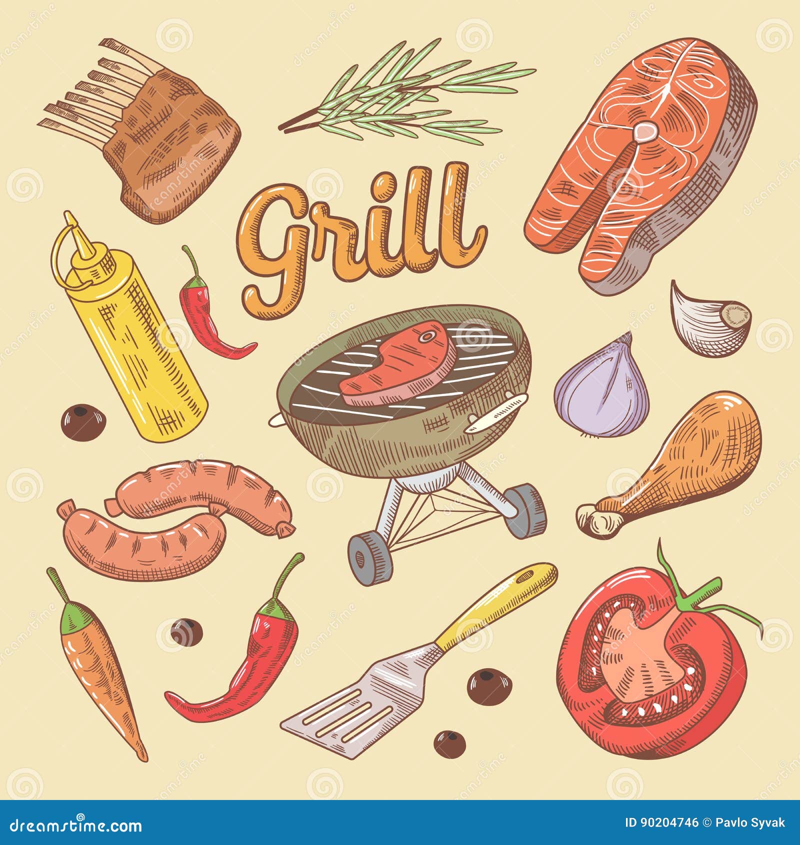Grill Barbecue Doodle with Steak and Sausage. Hand Drawn Illustration ...