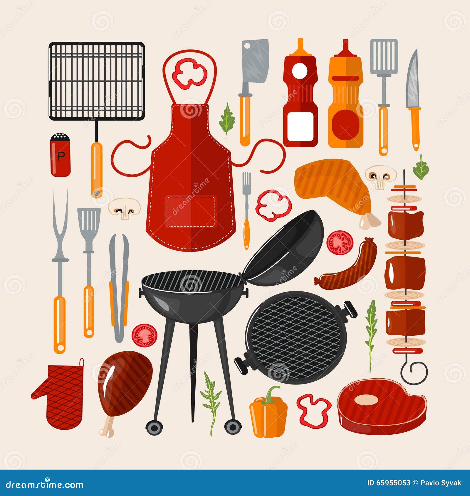 Grill Barbecue Set of Elements Stock Vector - Illustration of grilled ...