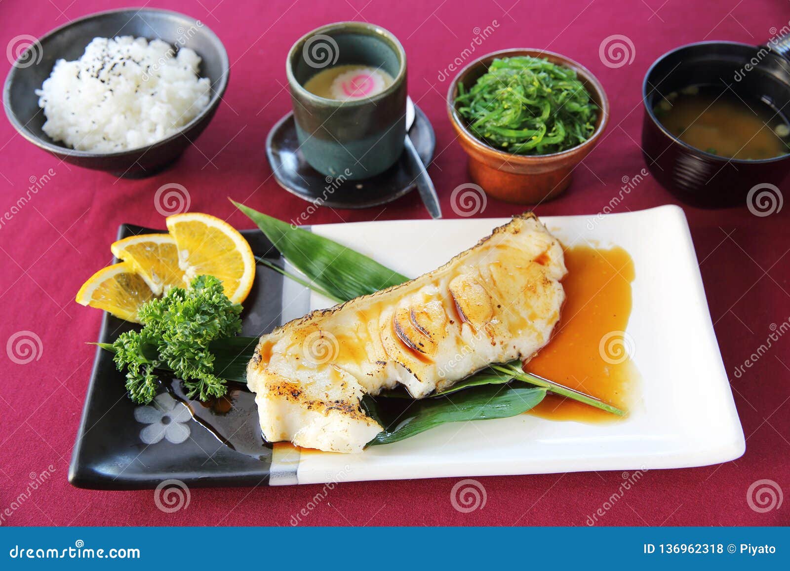 Grill Black Cod Set , Japanese Style Stock Photo - Image of olive ...