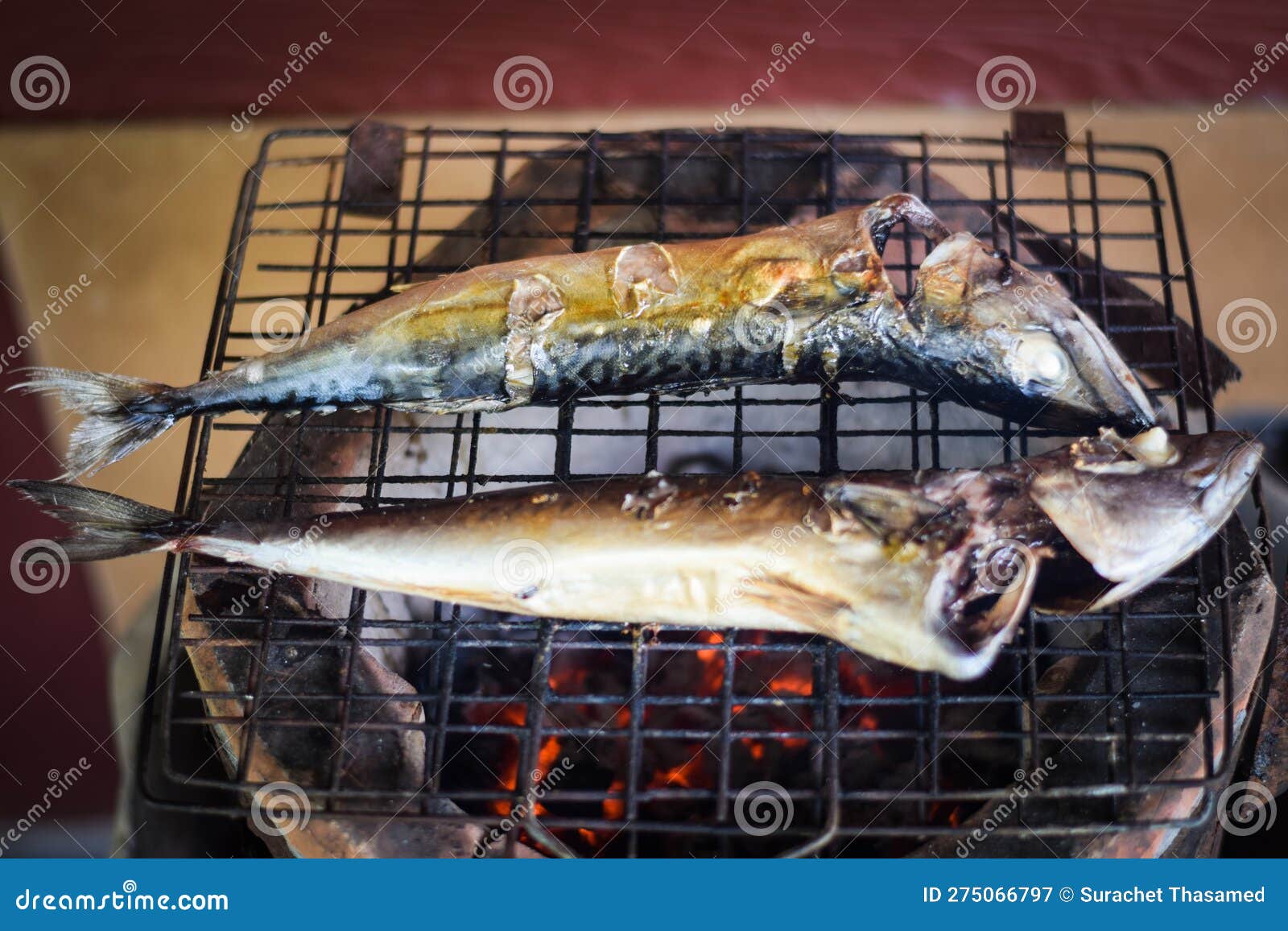 Grill Fish with Fire and Smoke Stock Image - Image of lunch, iron ...