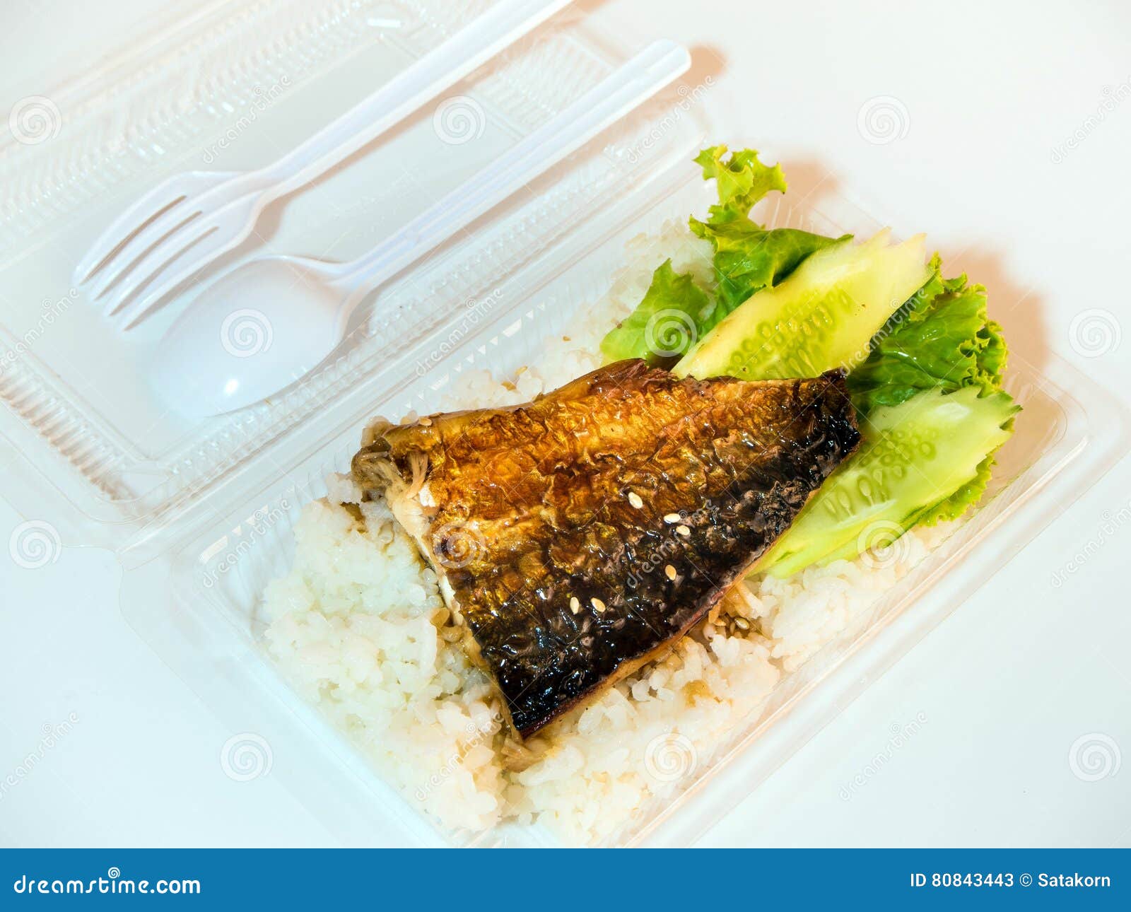 Grill Fish on Rice in Plastic Box, Take Home Food Stock Image - Image ...
