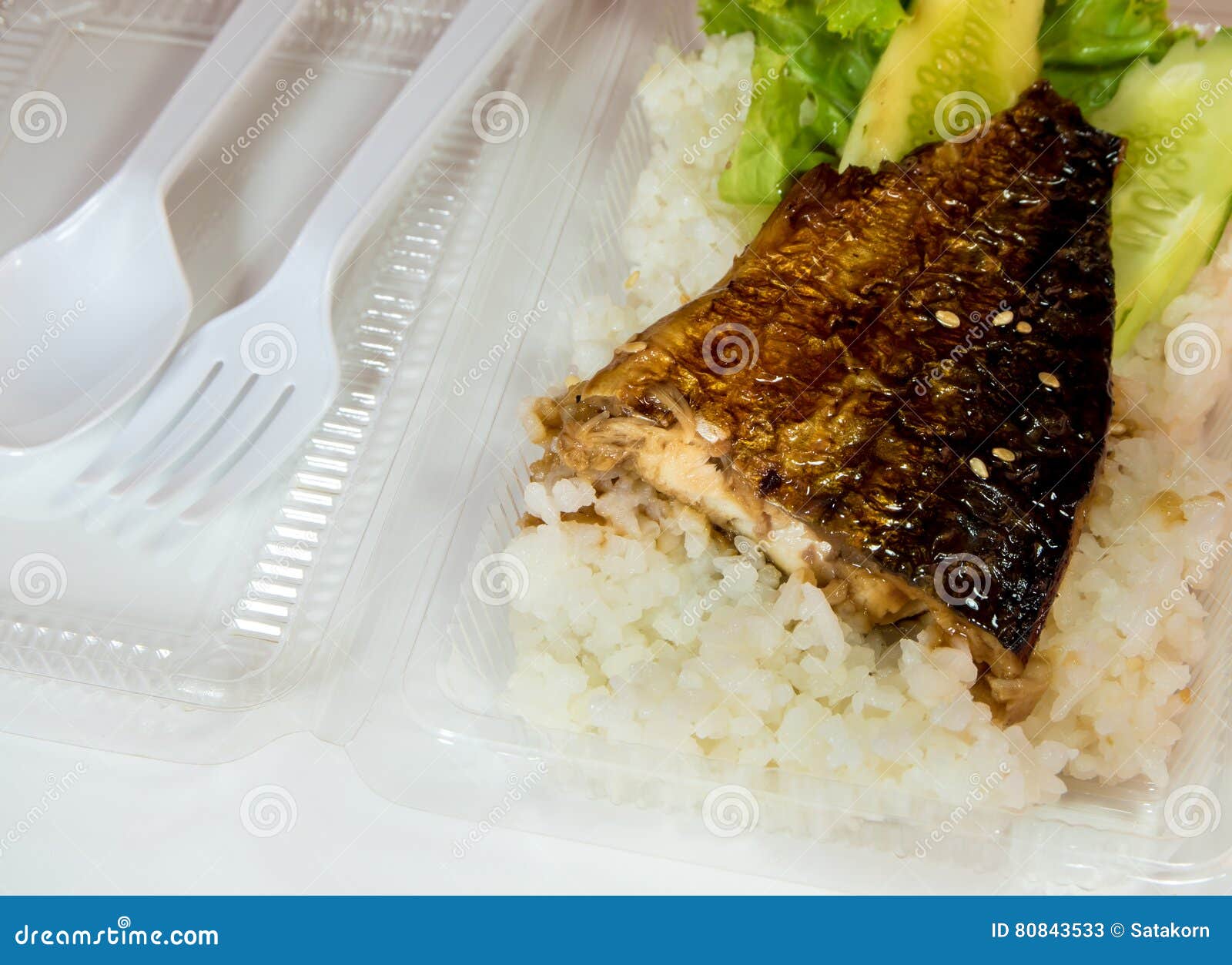 Grill Fish on Rice in Plastic Box, Take Home Food Stock Image - Image ...