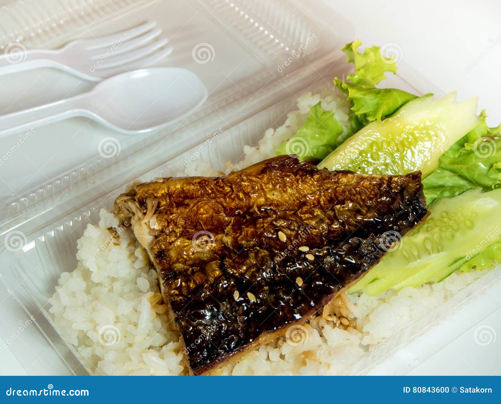 Grill Fish on Rice in Plastic Box, Take Home Food Stock Photo - Image ...