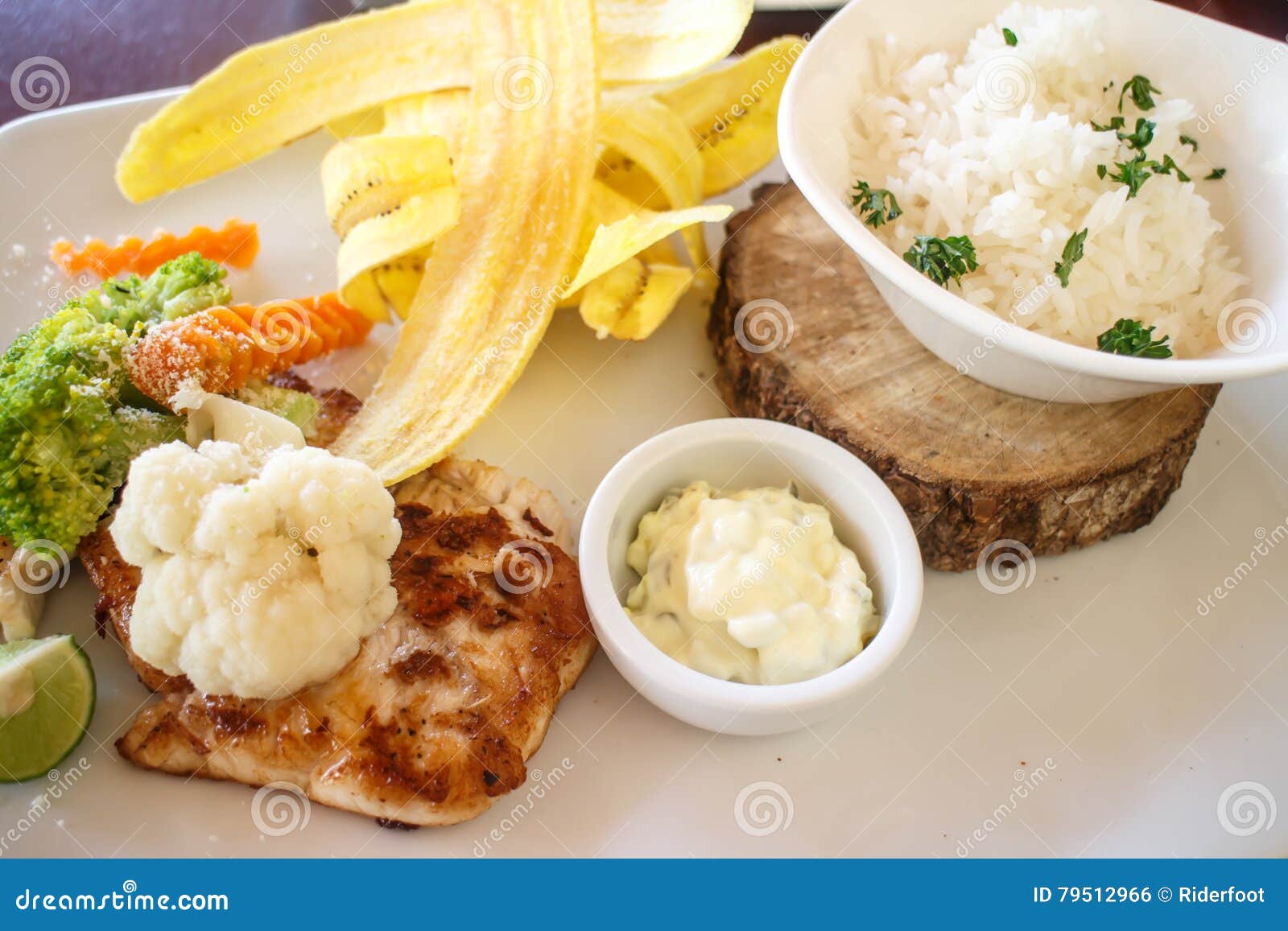 Grill Fish Served with Rice and Vegetables Stock Photo - Image of baked ...