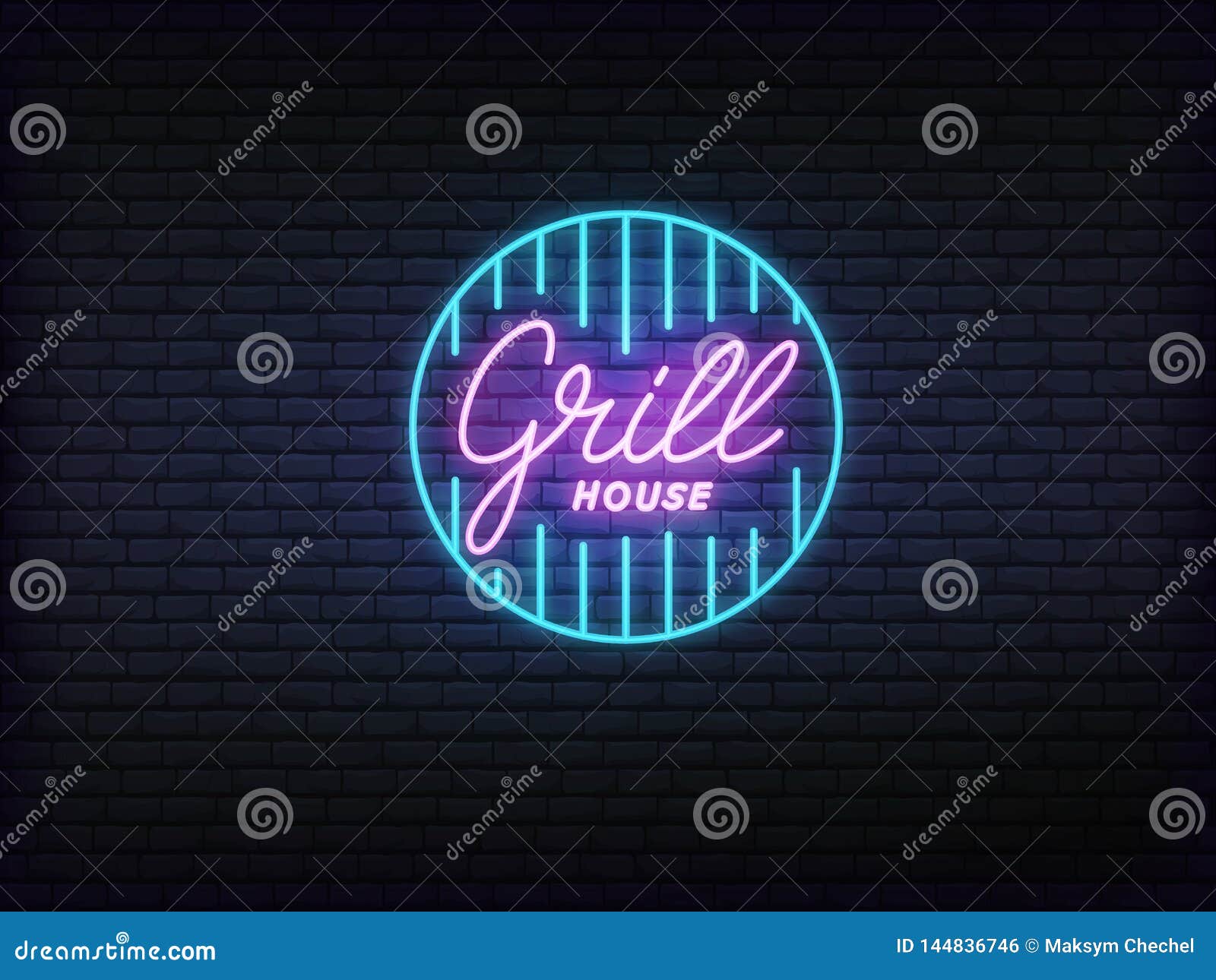 Grill Neon Glowing Sign. Bright Vector Label of Grill Lettering Stock ...