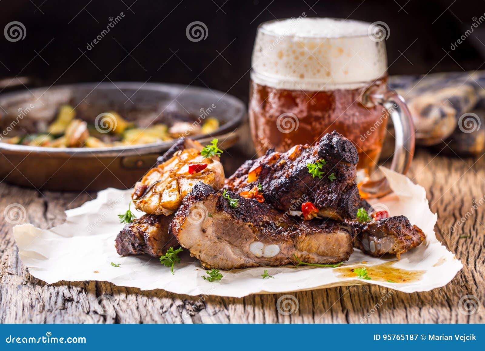 Grill Pork Ribs Juicy Roasted Pork Ribs with Draft Beer on Rustic Oak ...