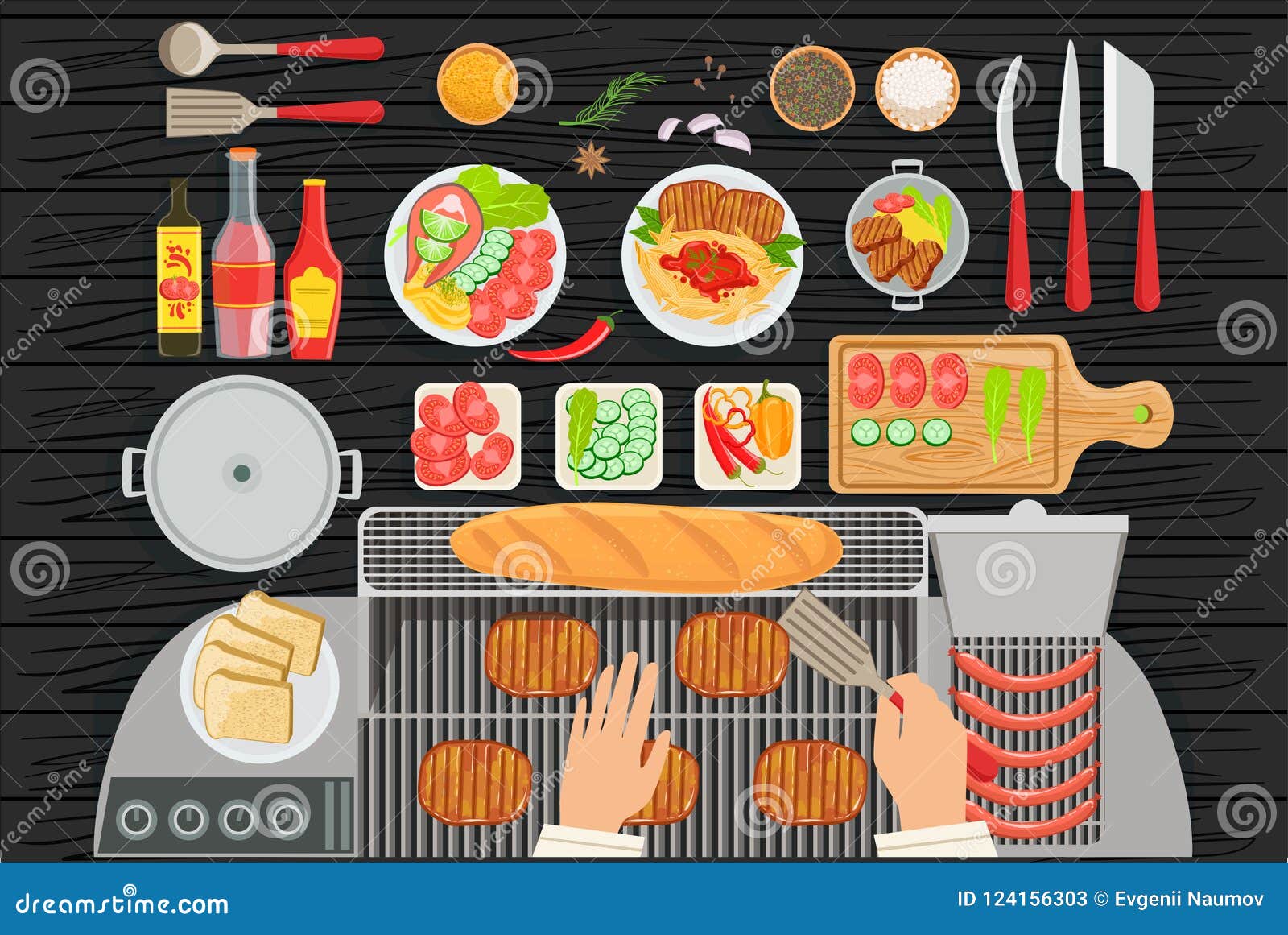 Grill Restaurant Cooking Table Elements Set View from Above Stock ...