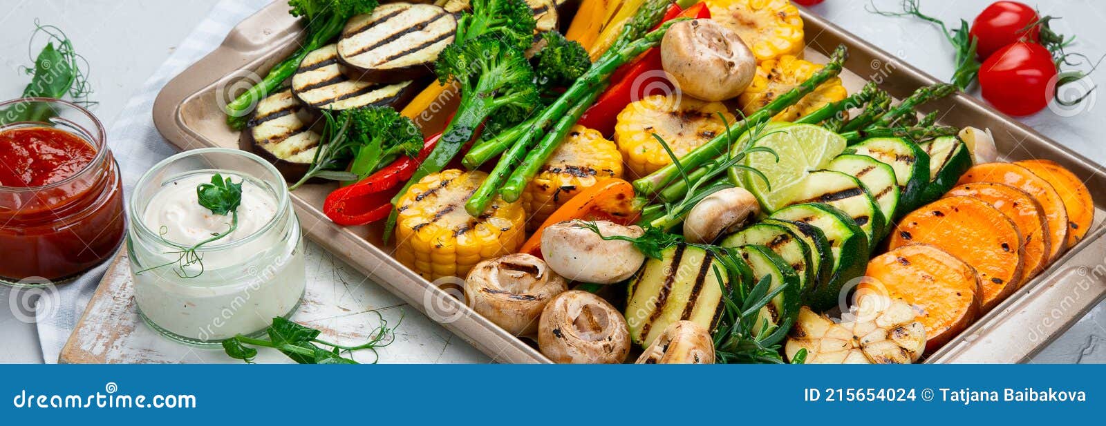 Grilled Assorted Vegetables in Beige Tray on Light Grey Background ...