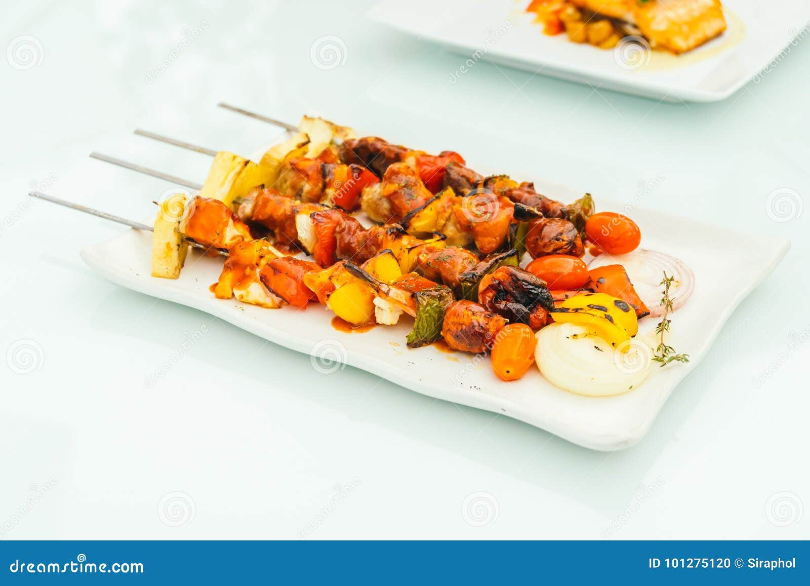 Grilled Bbq Meat Stick in White Plate Stock Photo - Image of food ...