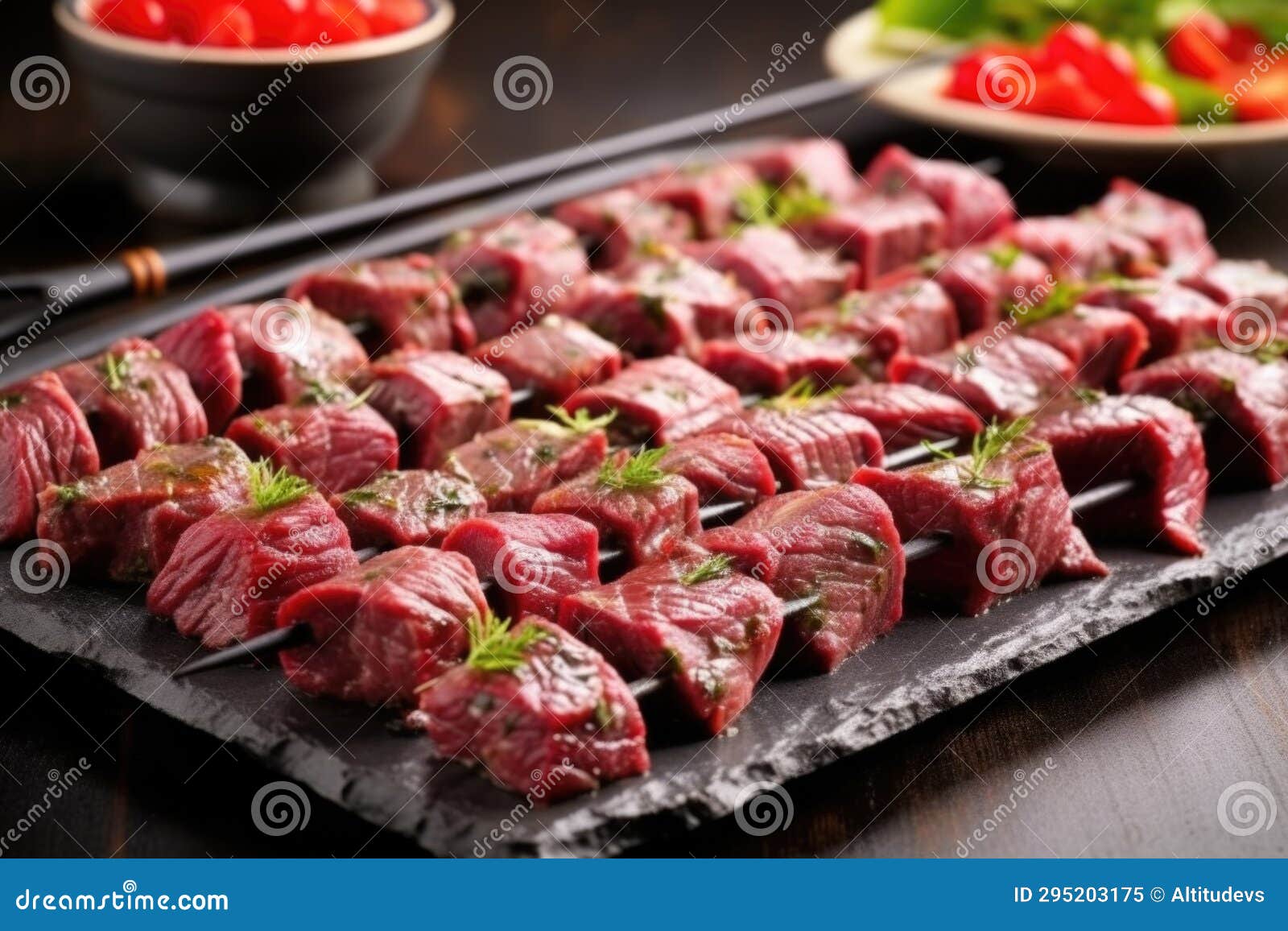 Grilled Beef Skewers Arranged in a Pattern on a Stone Platter Stock ...
