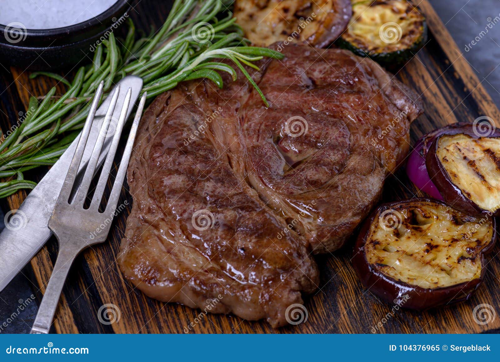 Grilled Beef Steak Black Angus and Rosemary Stock Image - Image of rare ...