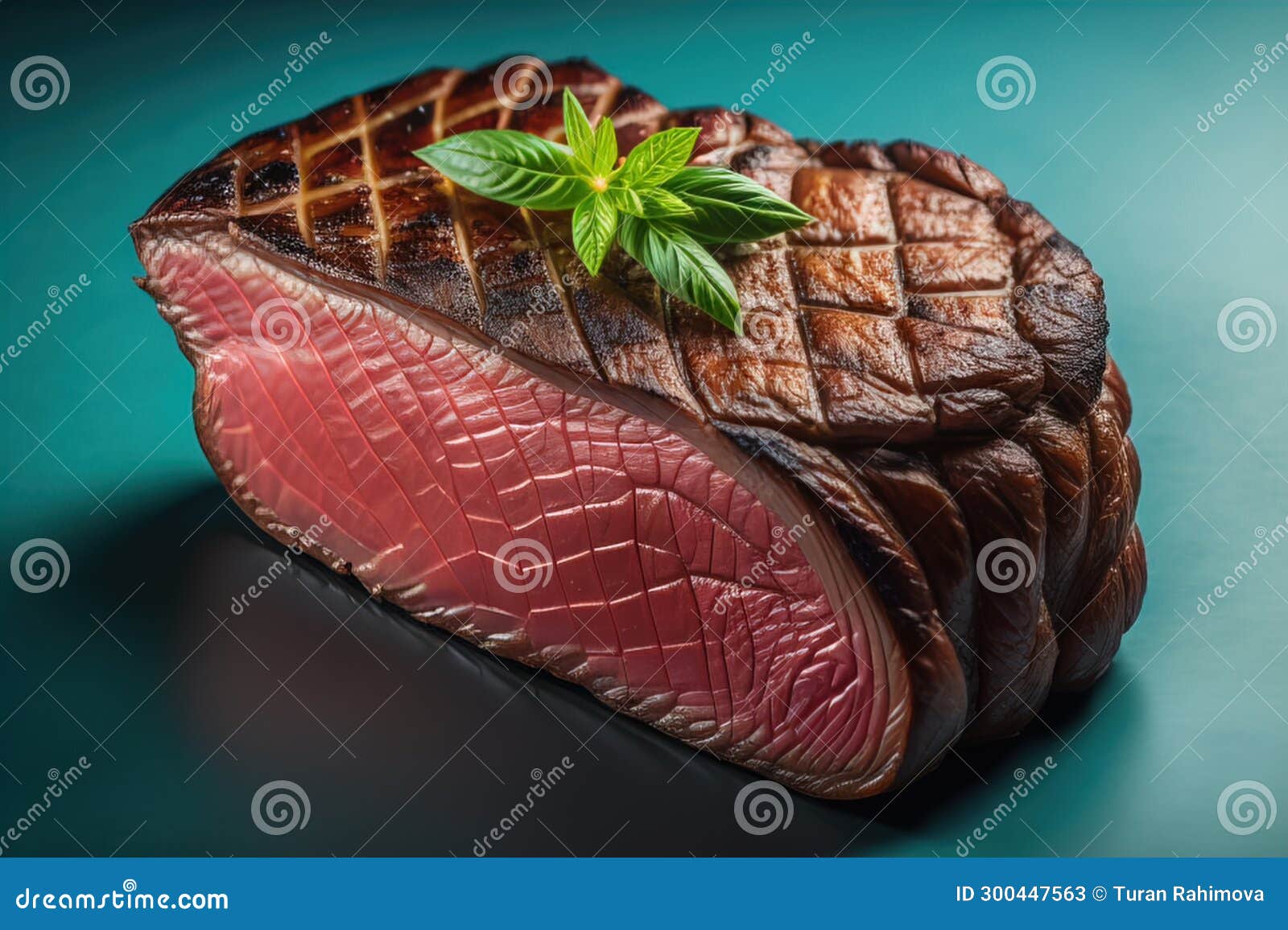 Grilled Beef Steak with Herbs on a Blue Background. Toned Stock Image ...
