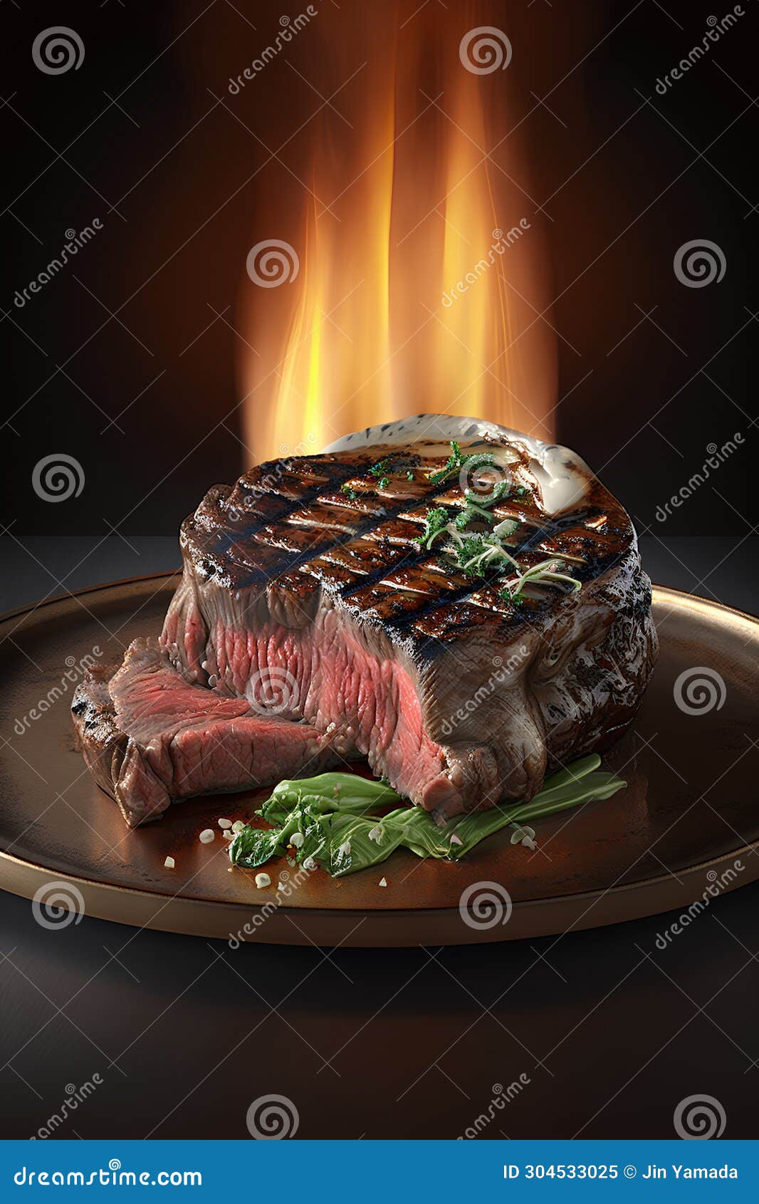 Grilled Beef Steak on a Plate with Fire on a Dark Background Stock ...