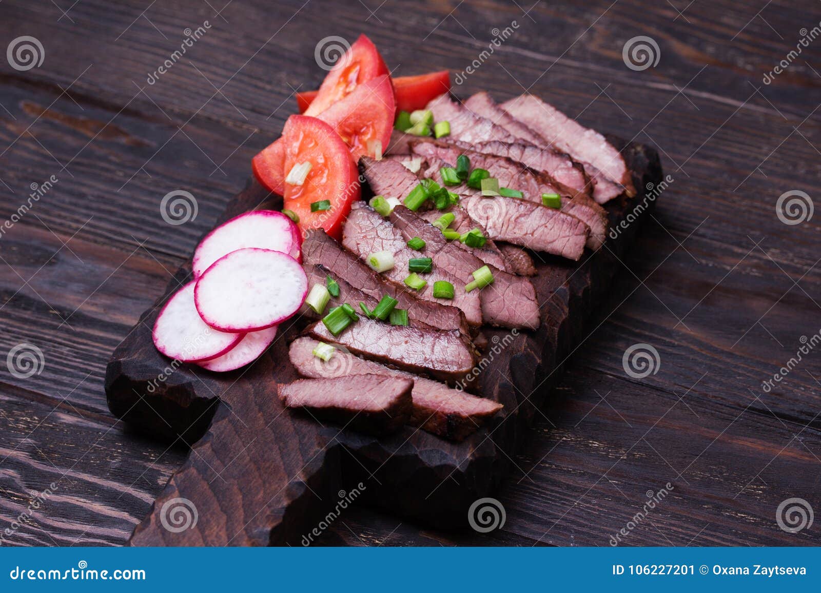 Grilled Beef Steak with Spring Onion, Tomato and Radish. Stock Image ...