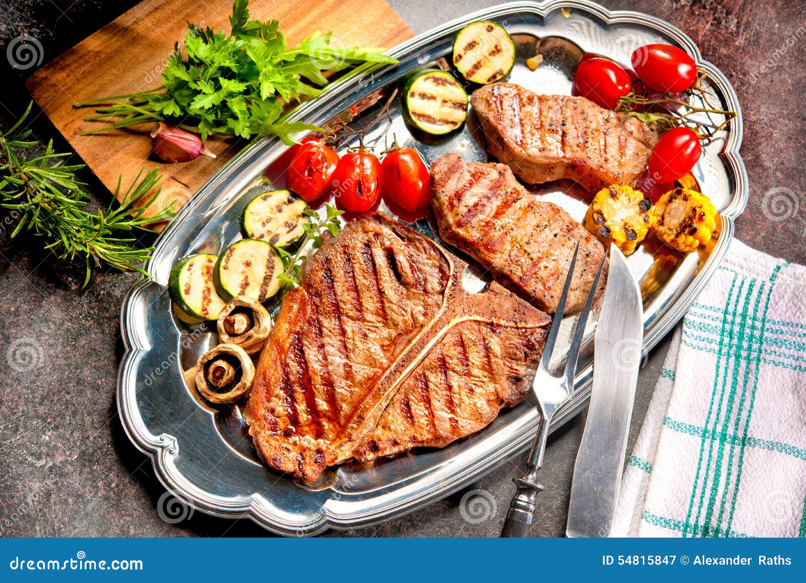 Grilled Beef Steaks on Platter Stock Image - Image of knife, fork: 54815847