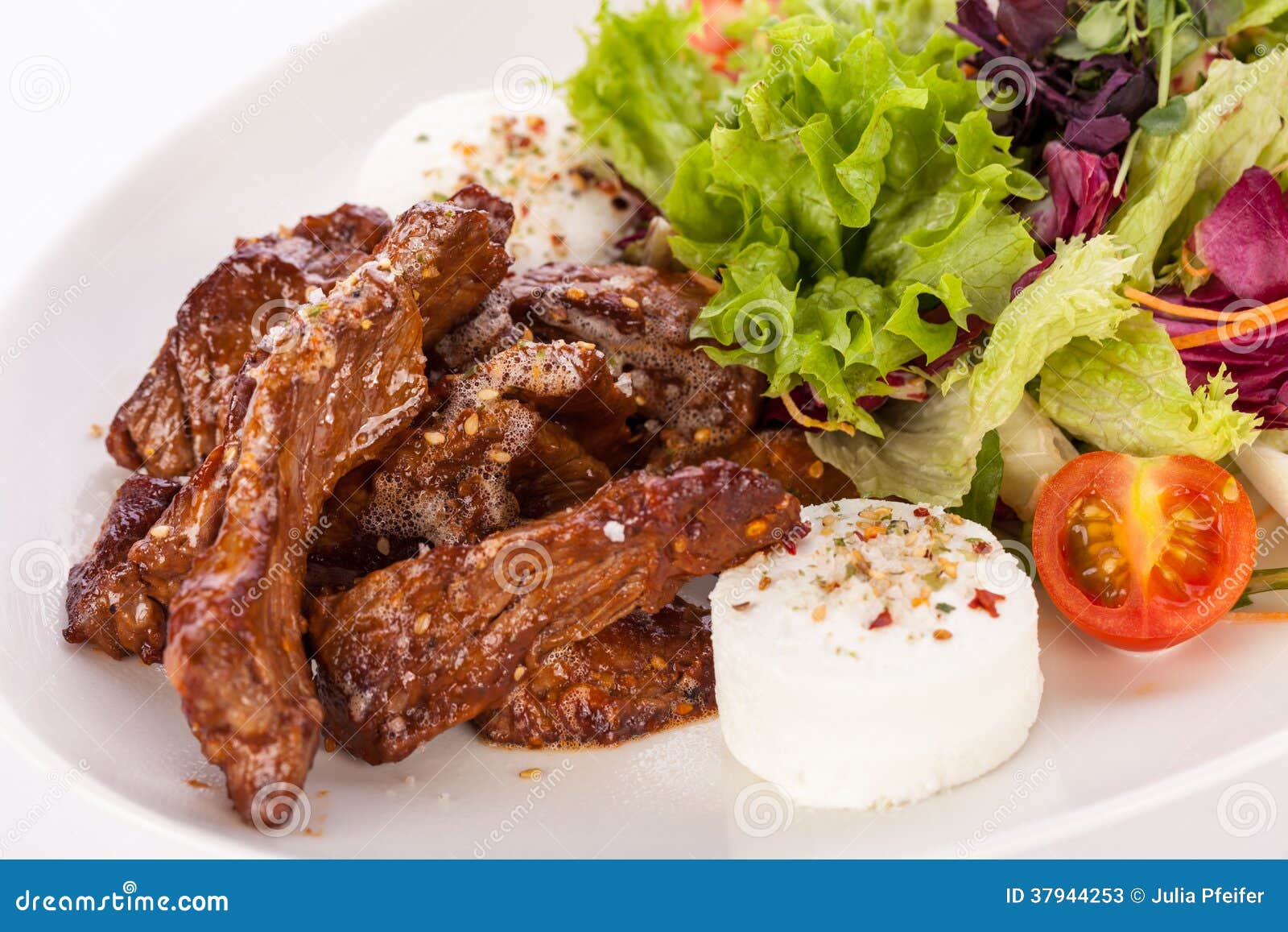Grilled Beef Stripes Fresh Salad and Goat Cheese Stock Image - Image of ...