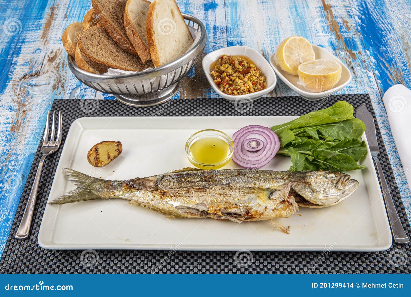 Grilled Bluefish Fish Platter. Bluefish and Appetizers in White Plate ...
