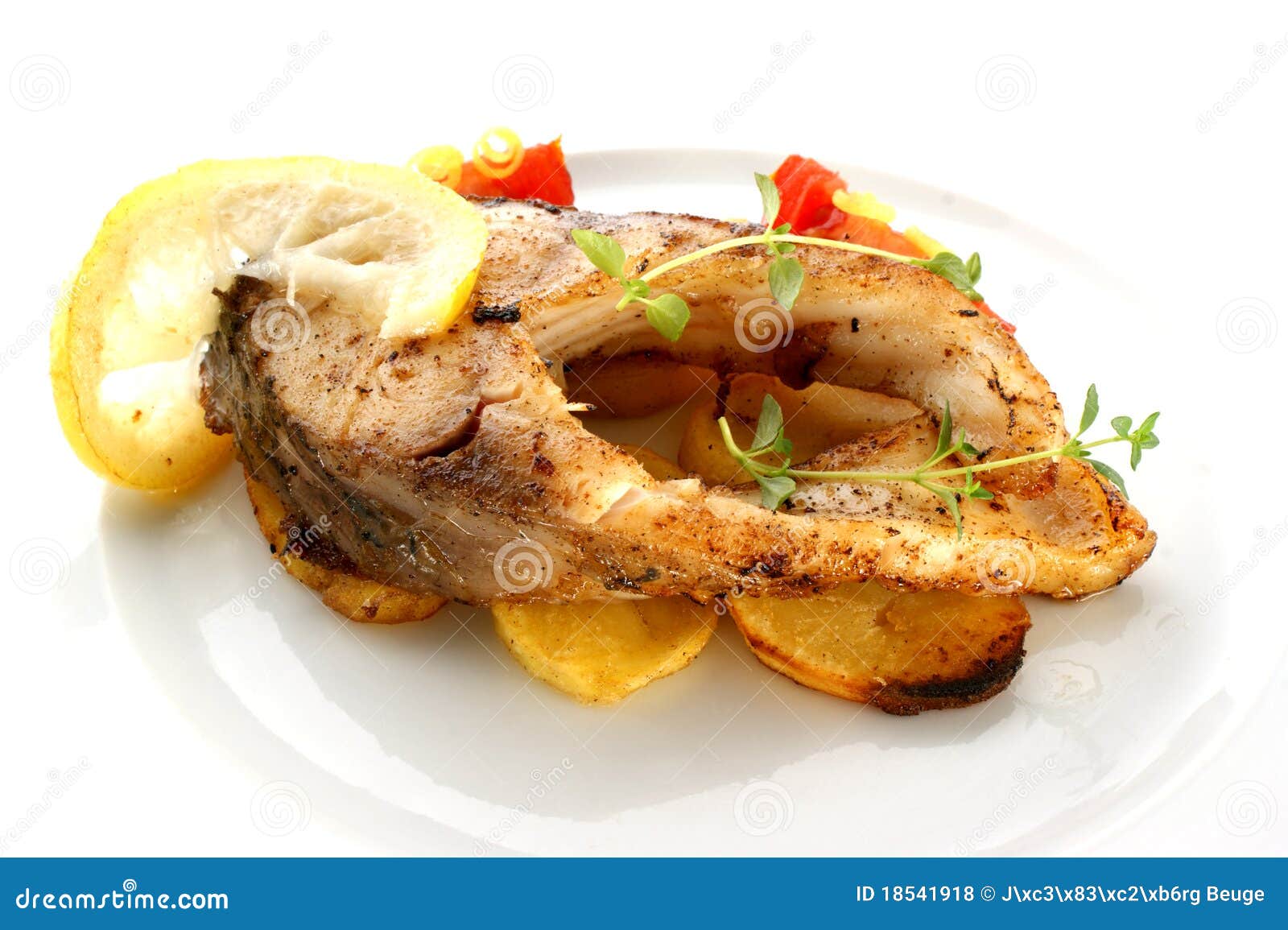 Grilled Carp Steak on Organic Potato Stock Photo - Image of grilled ...