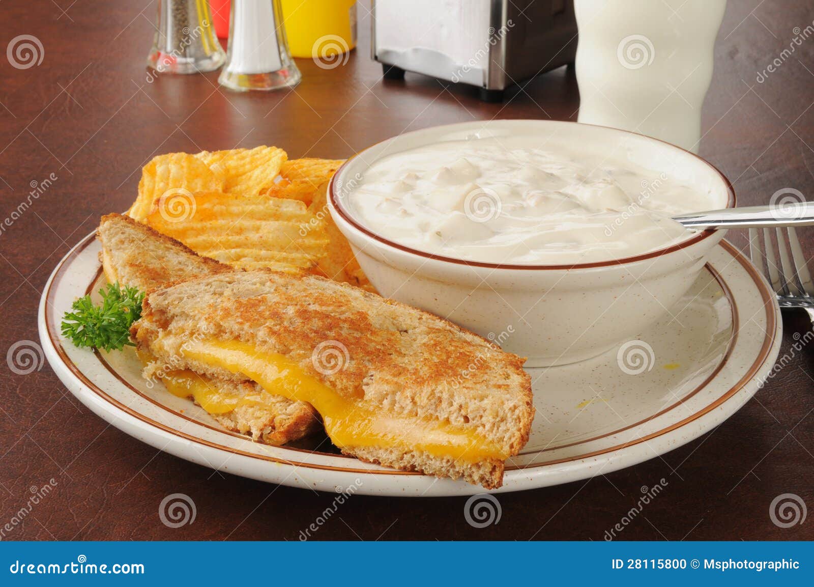 Grilled Cheese Sandwich with Chowder Stock Photo - Image of england ...