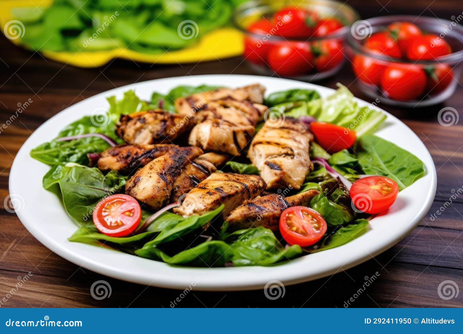 Grilled Chicken Chunks Tossed Over Mixed Green Salad Stock Photo ...