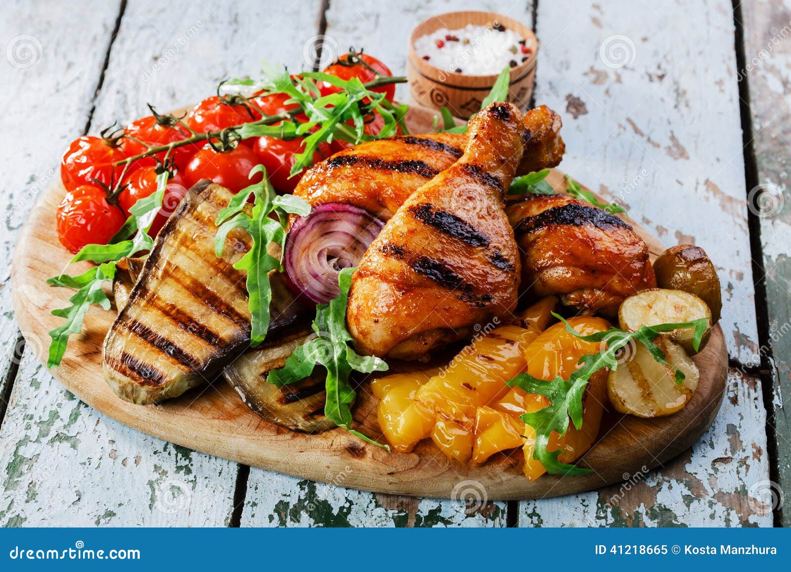 Grilled chicken drumstick stock image. Image of eggplant - 41218665