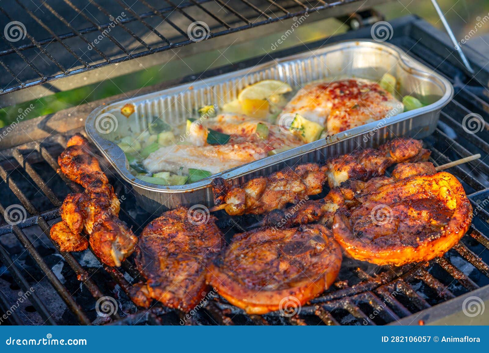 Grilled Chicken and Fish on the Grill Stock Image - Image of heat ...