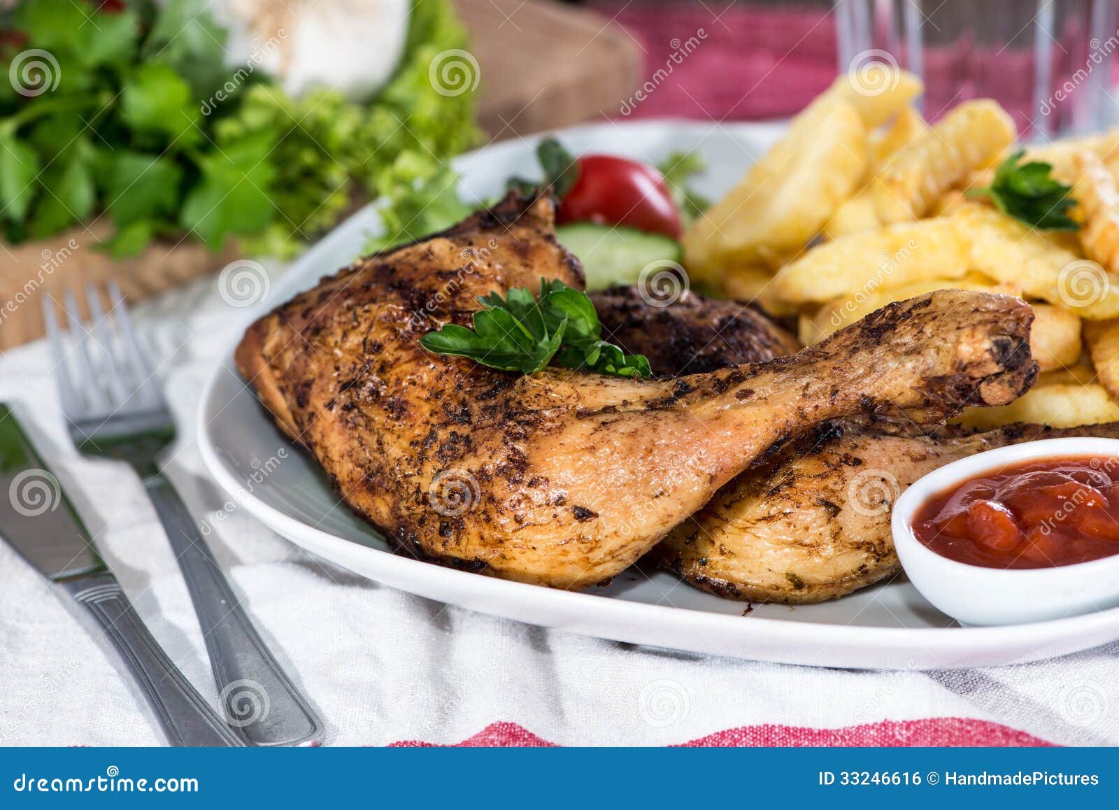 Grilled Chicken Legs with Chips Stock Photo - Image of fries, fried ...