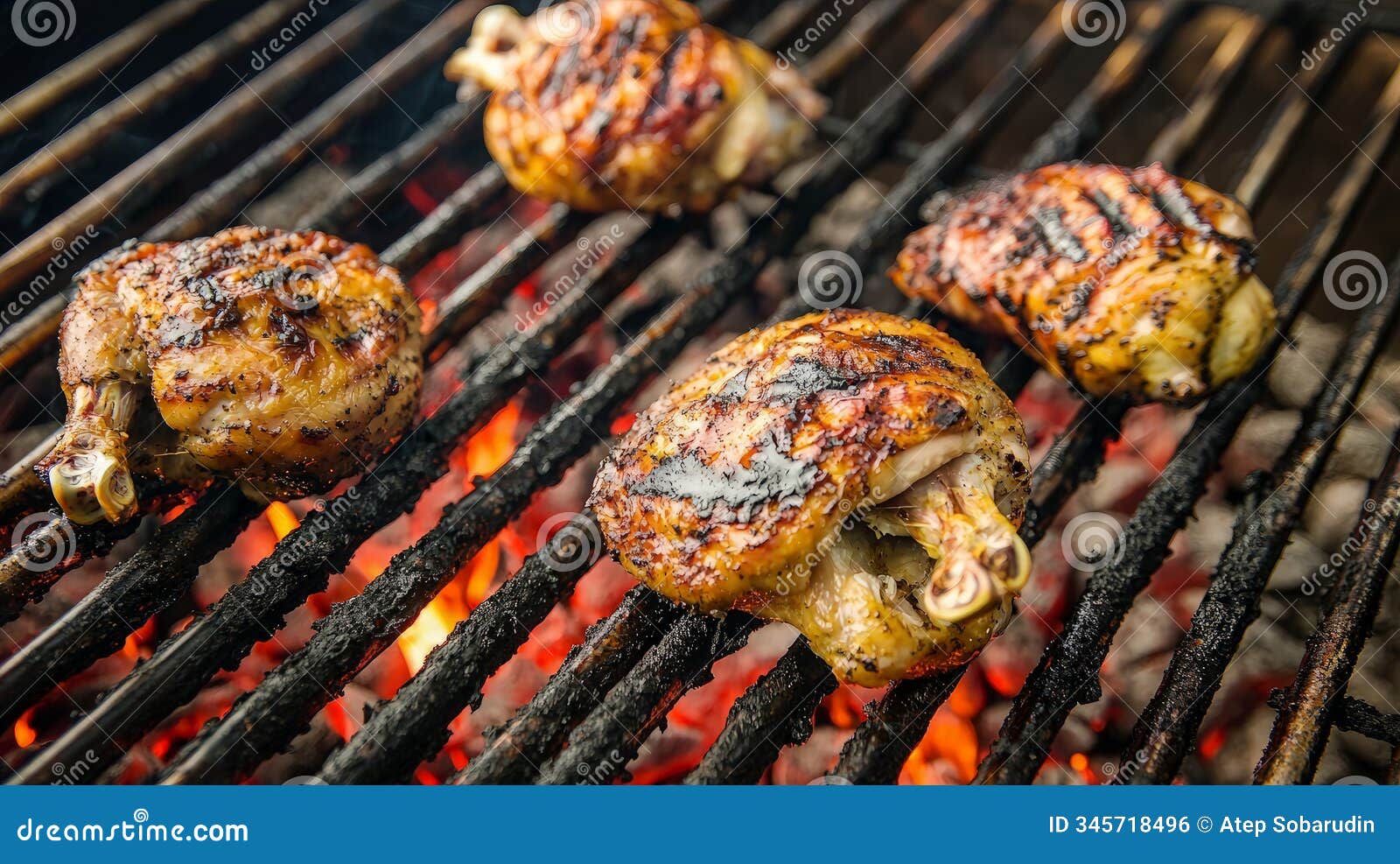 Grilled Chicken Pieces on a Barbecue Grill with Glowing Embers Stock ...