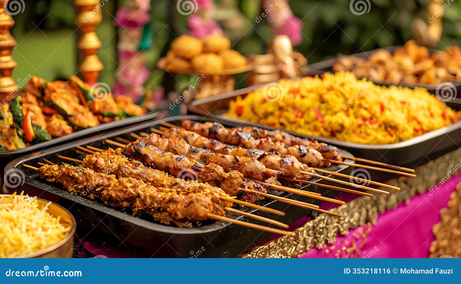 Grilled Chicken Satay Skewers and Yellow Rice on Buffet Table Stock ...