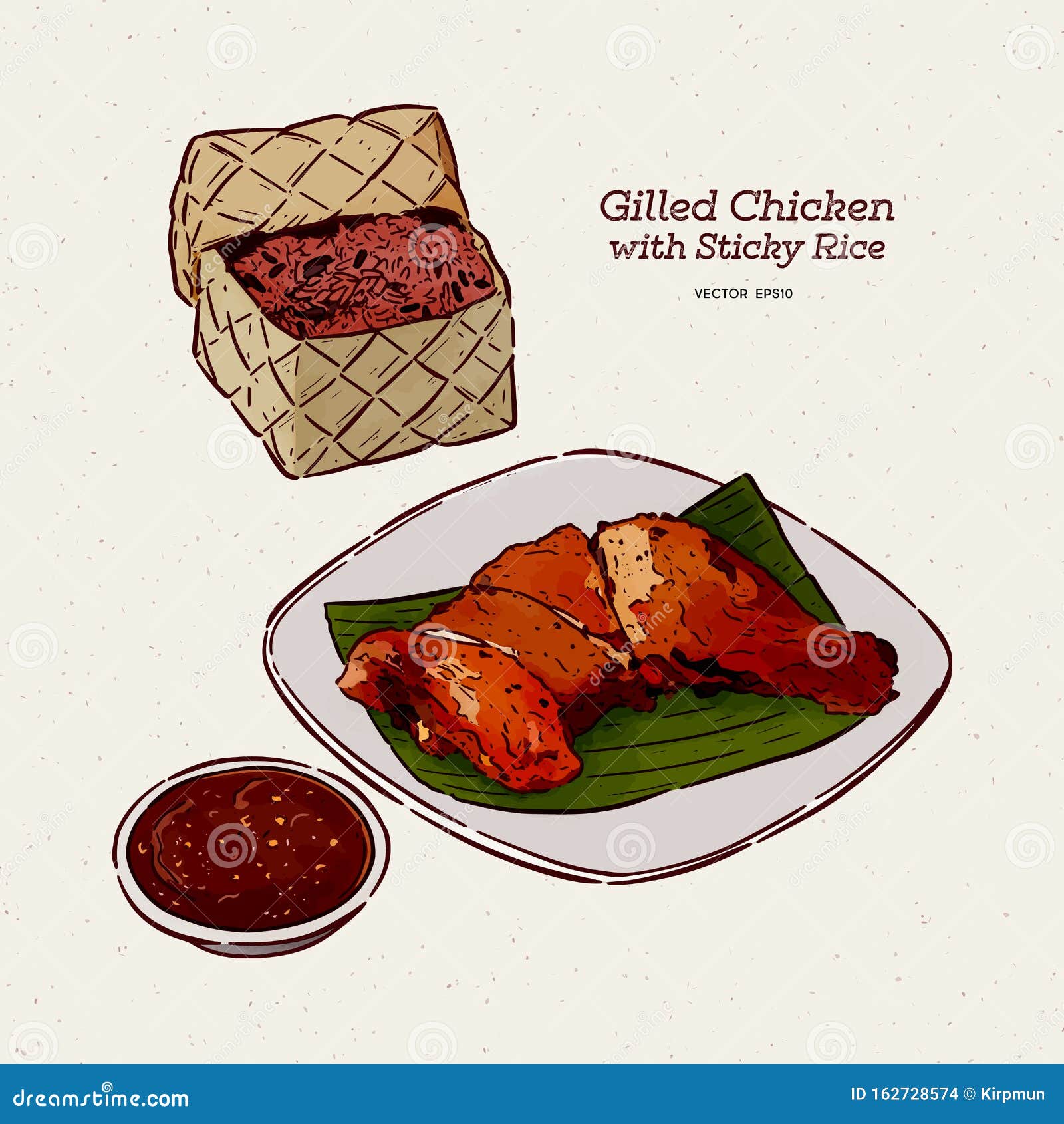 Grilled Chicken With Sticky Rice, Hand Draw Sketch Vector ...